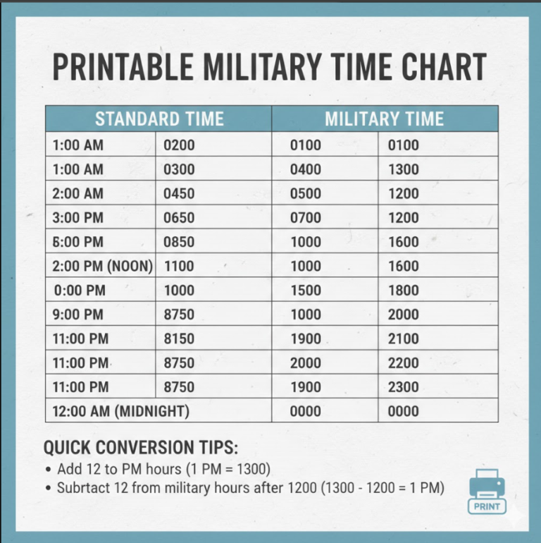 Printable Military Time Chart for Easy Reference